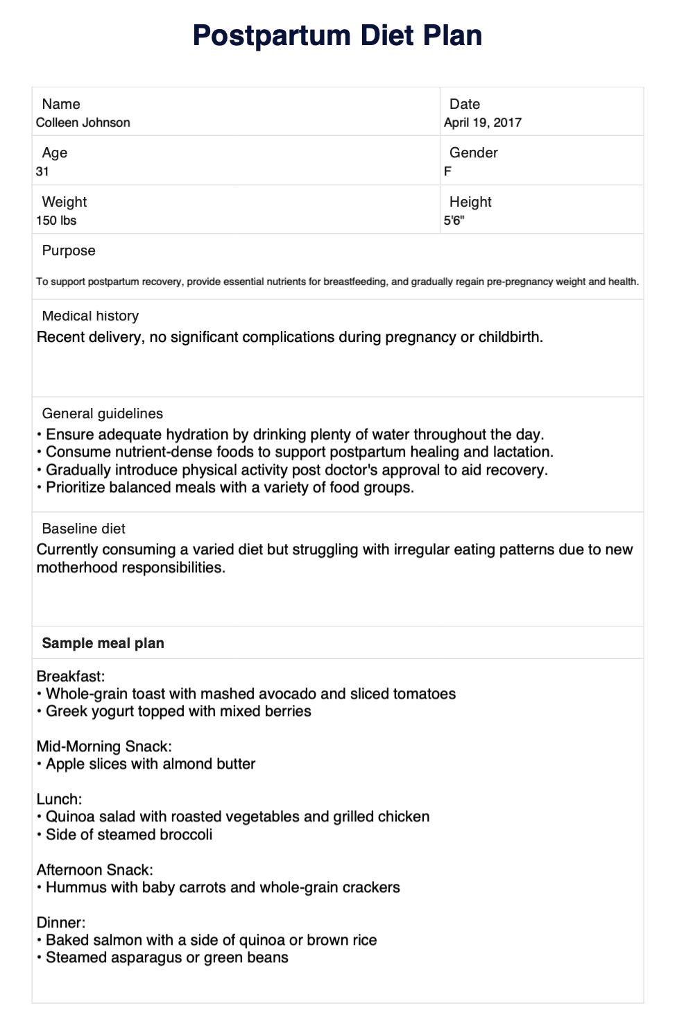 Postpartum Diet Plan & Example | Free PDF Download
